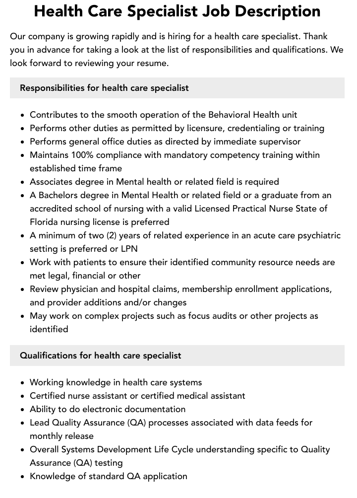 Health Care Specialist Job Description Velvet Jobs