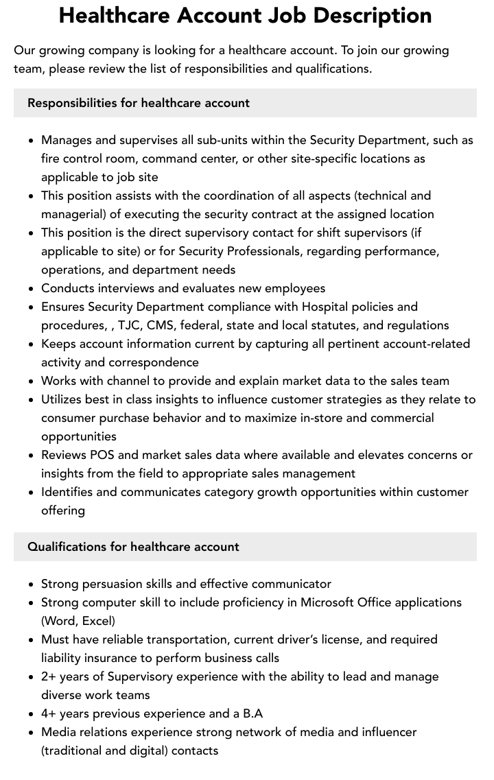 Healthcare Account Job Description Velvet Jobs Healthcare Account Job Description Velvet Jobs