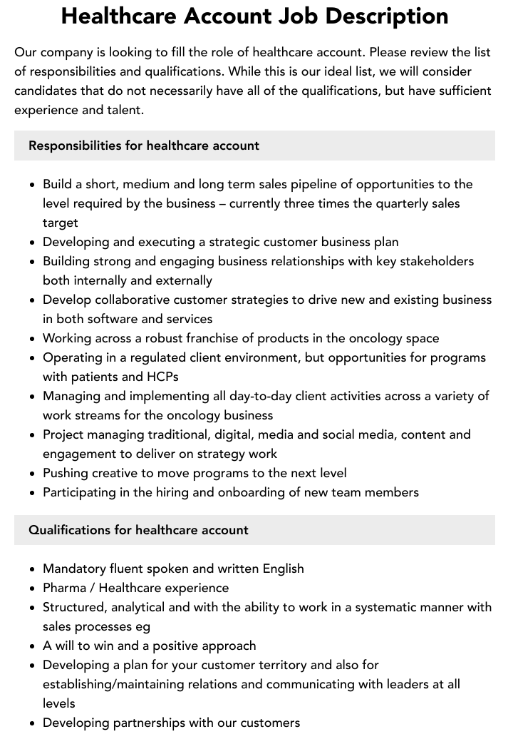 Healthcare Account Job Description Velvet Jobs Healthcare Account Job Description Velvet Jobs