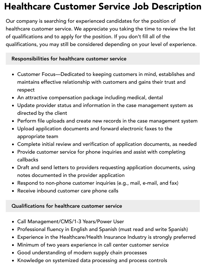 Healthcare Customer Service Job Description Velvet Jobs Healthcare Customer Service Job Description Velvet Jobs
