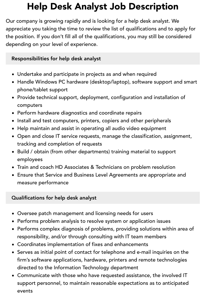 Help Desk Analyst Job Description Velvet Jobs