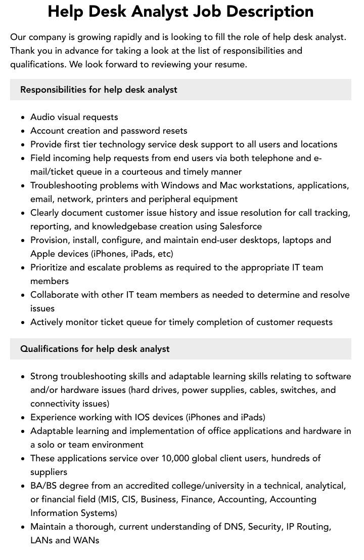 Help Desk Analyst Job Description Velvet Jobs