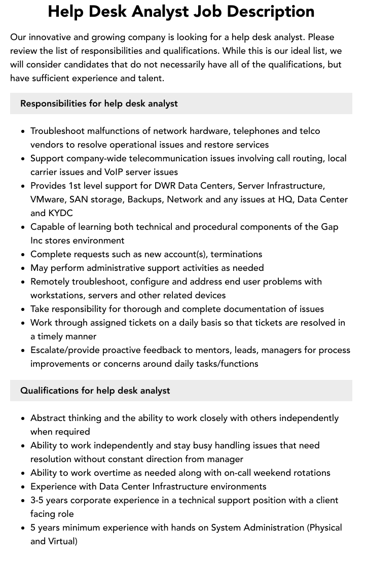 Help Desk Analyst Job Description Velvet Jobs