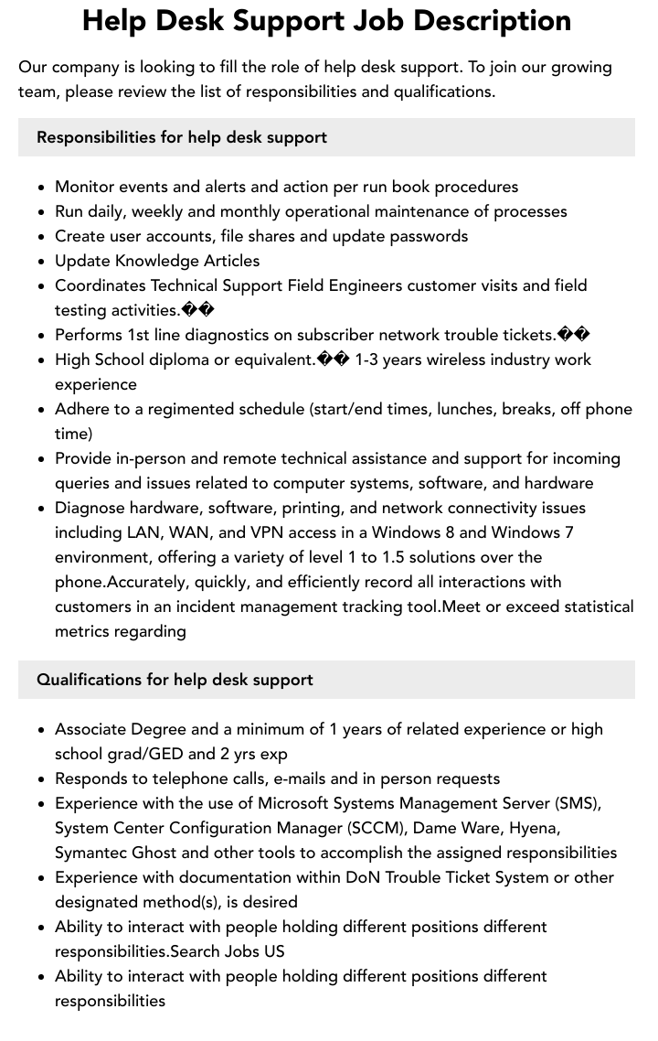 Help Desk Support Job Description Velvet Jobs