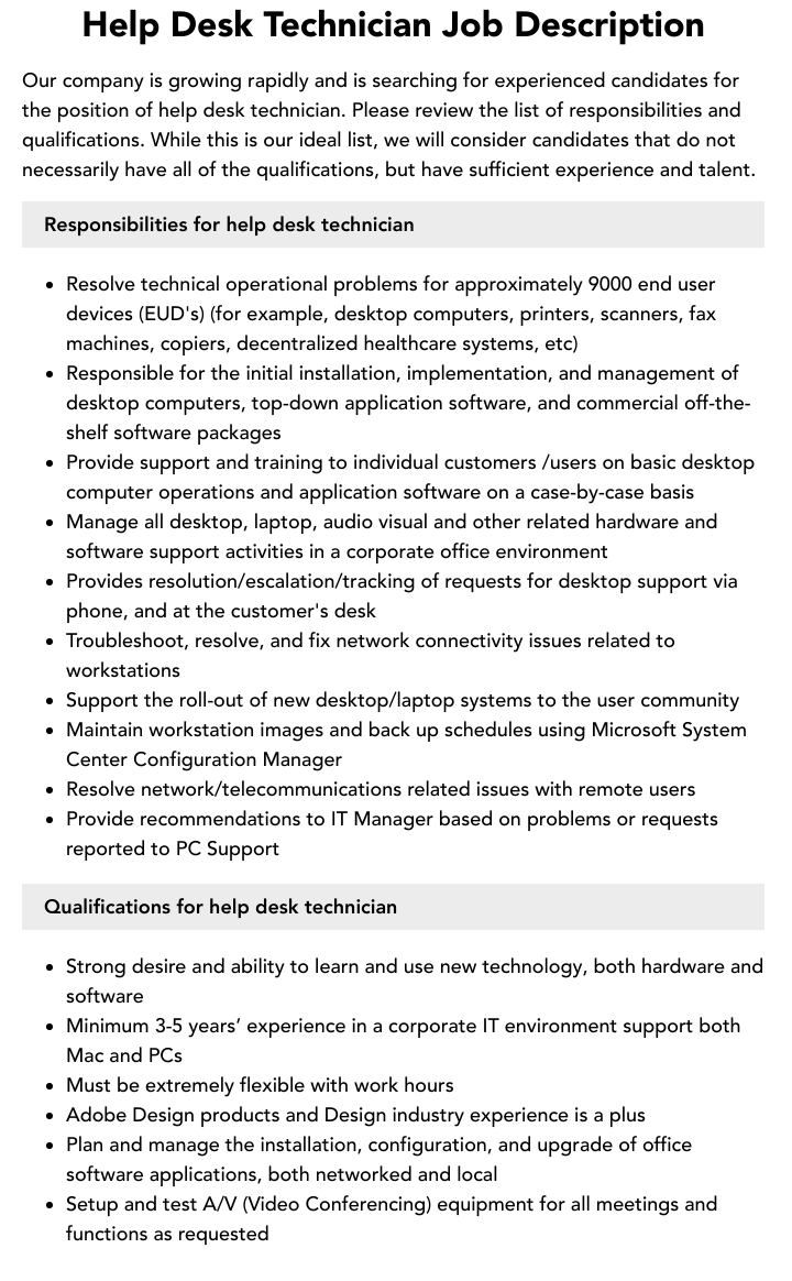 Help Desk Technician Job Description Velvet Jobs