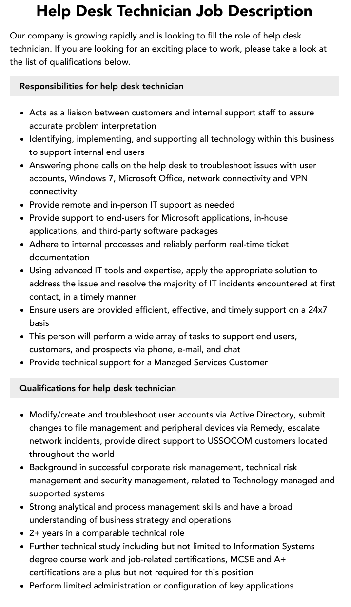  Help Desk Technician Job Description Velvet Jobs