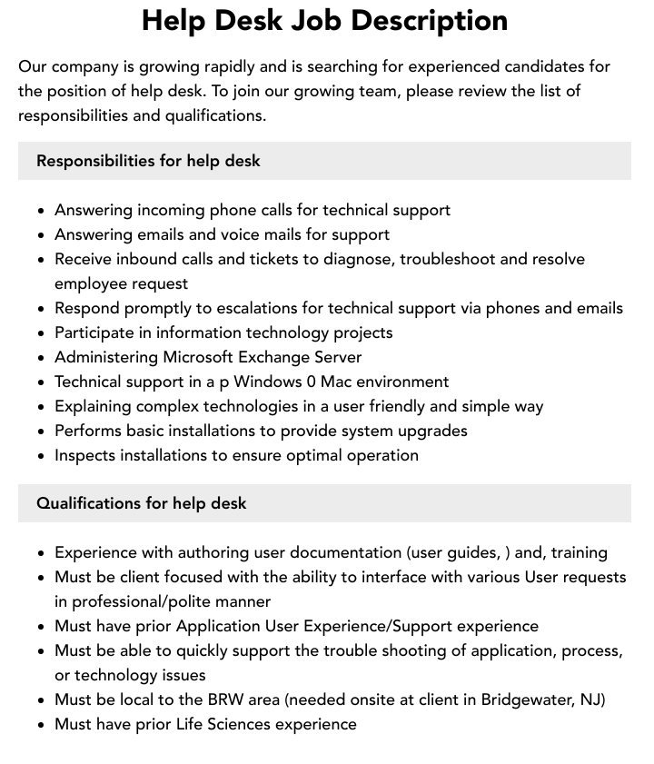 Help Desk Job Description Velvet Jobs