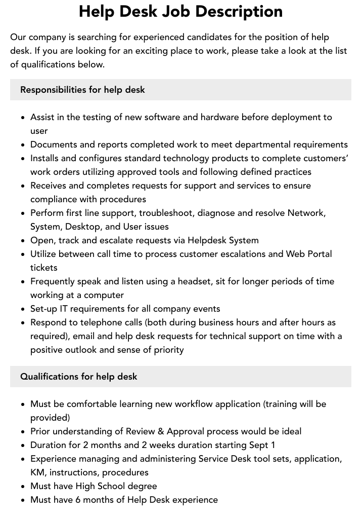 Help Desk Job Description Velvet Jobs
