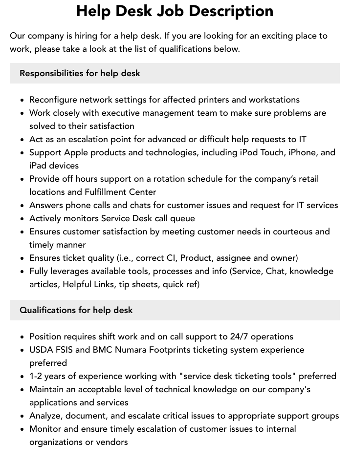Help Desk Job Description Velvet Jobs