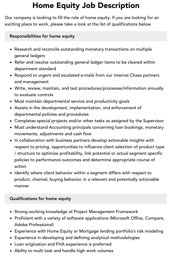 Home Equity Job Description Velvet Jobs Home Equity Job Description Velvet Jobs