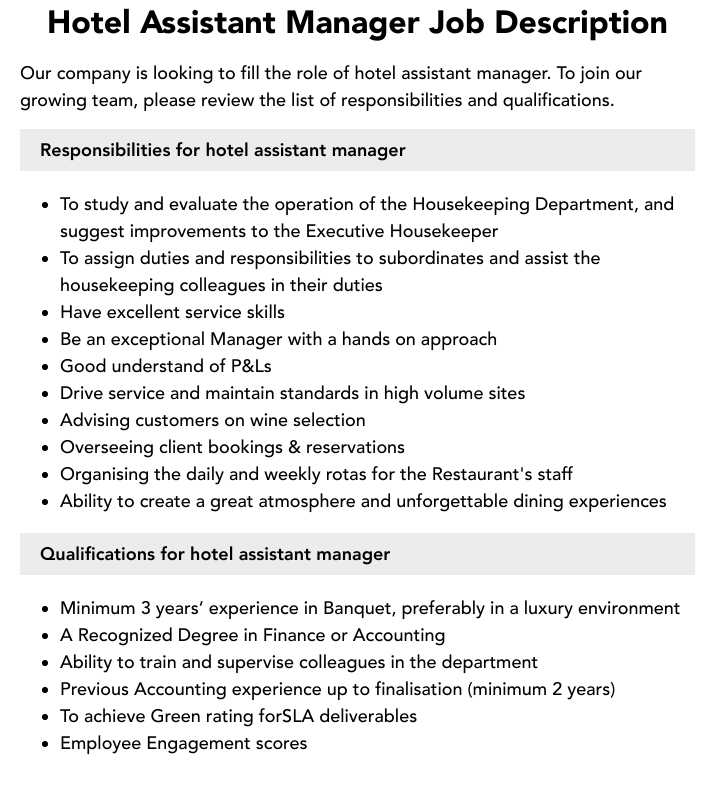 Hotel Assistant Manager Job Description Velvet Jobs