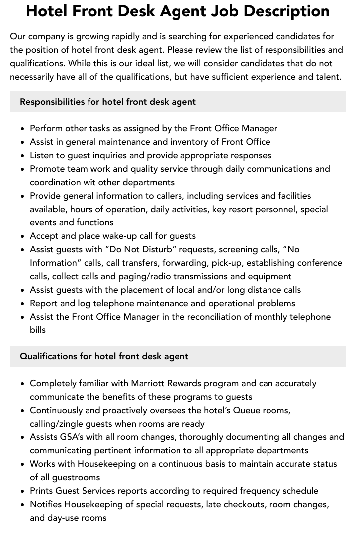 Hotel Front Desk Agent Job Description Velvet Jobs