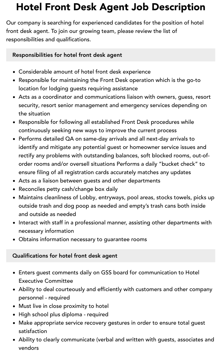Hotel Front Desk Agent Job Description Velvet Jobs