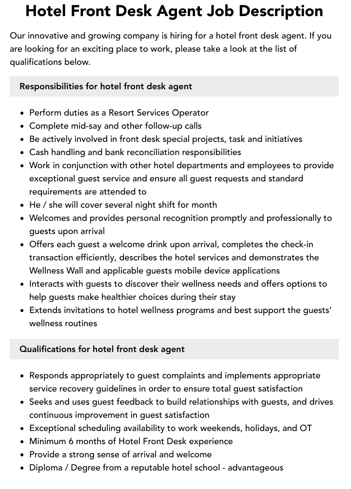 Hotel Front Desk Agent Job Description Velvet Jobs