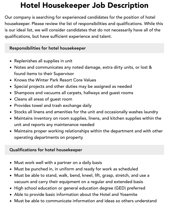Hotel Housekeeper Job Description Velvet Jobs