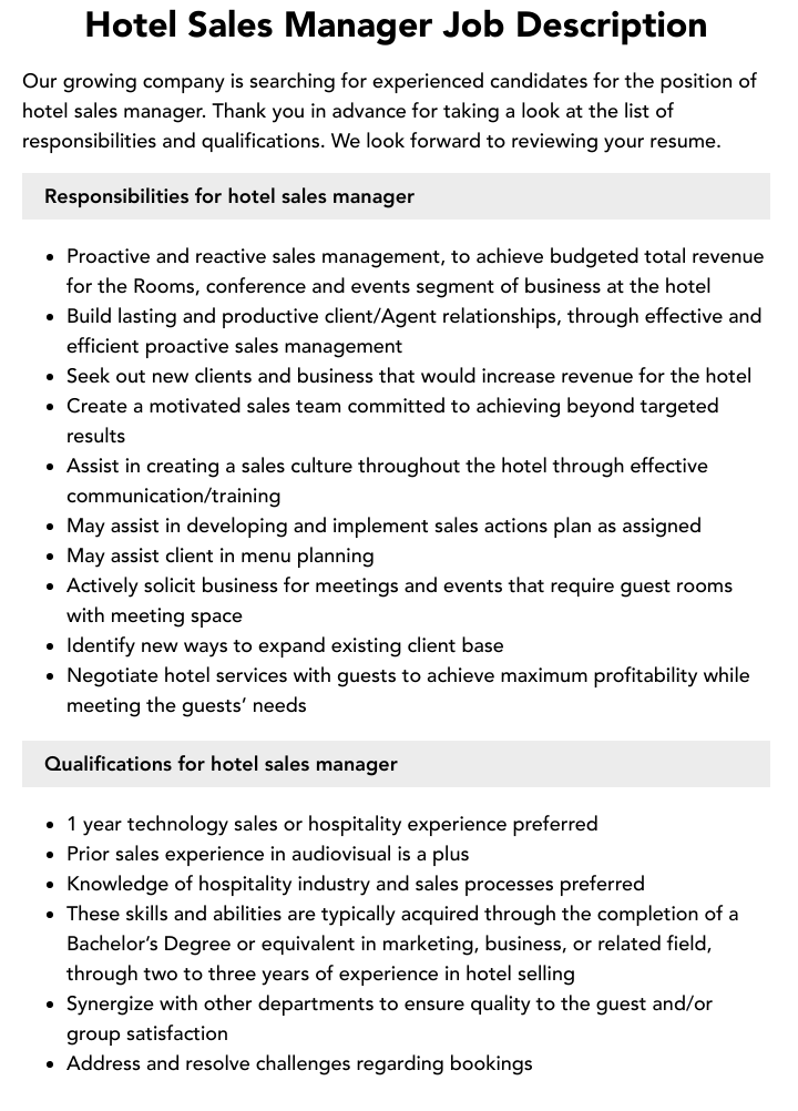 Hotel Sales Manager Job Description Velvet Jobs
