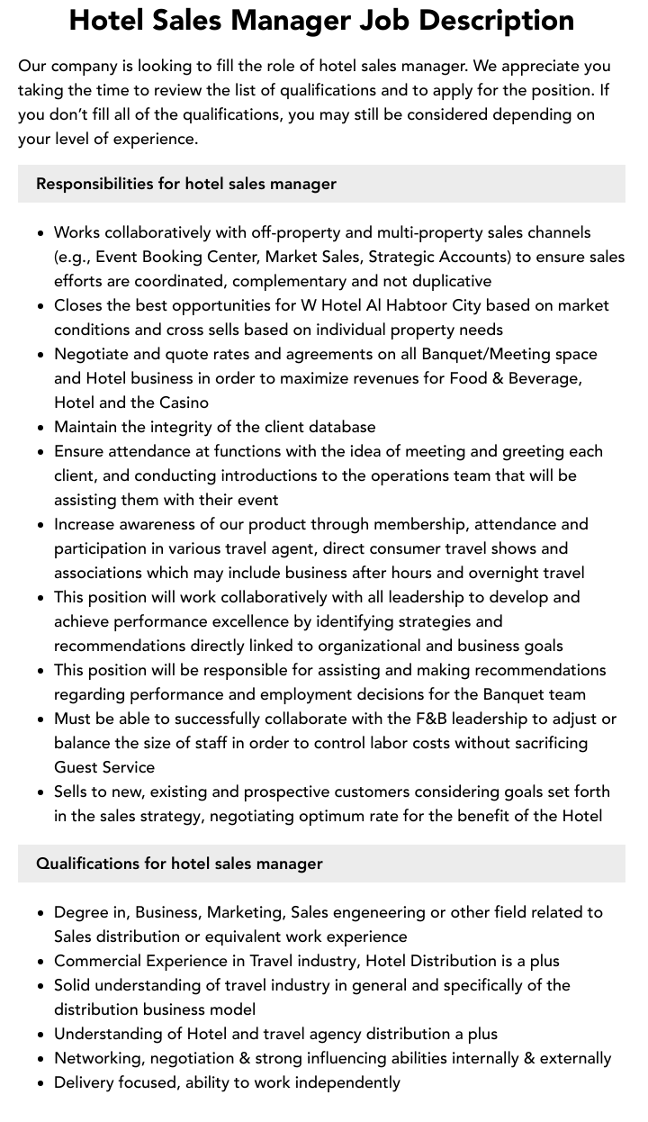Roles And Responsibilities Of Sales Executive In Hotel Industry