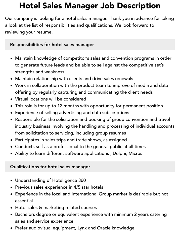 Roles And Responsibilities Of Sales Executive In Hotel Industry