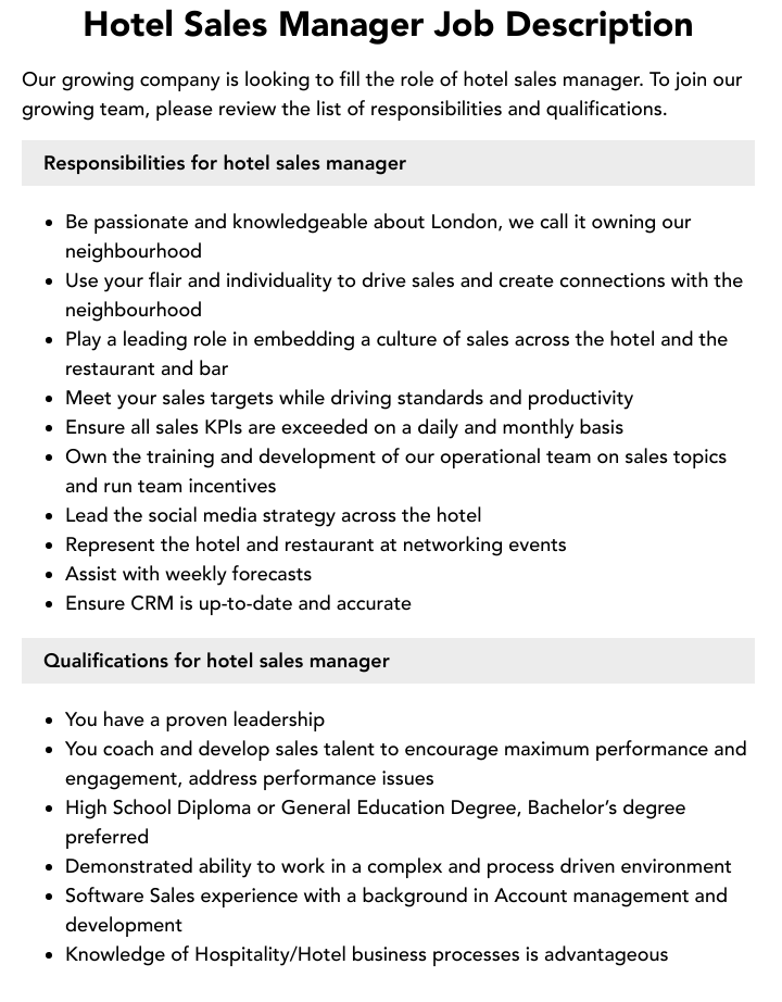  Hotel Sales Manager Job Description Velvet Jobs