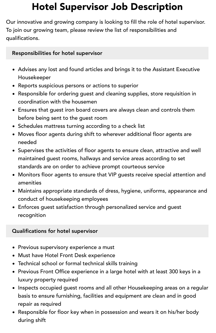 Hotel Supervisor Job Description Velvet Jobs