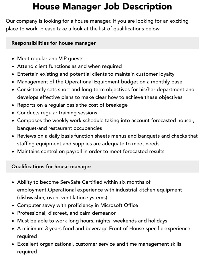 House Manager Job Description Velvet Jobs