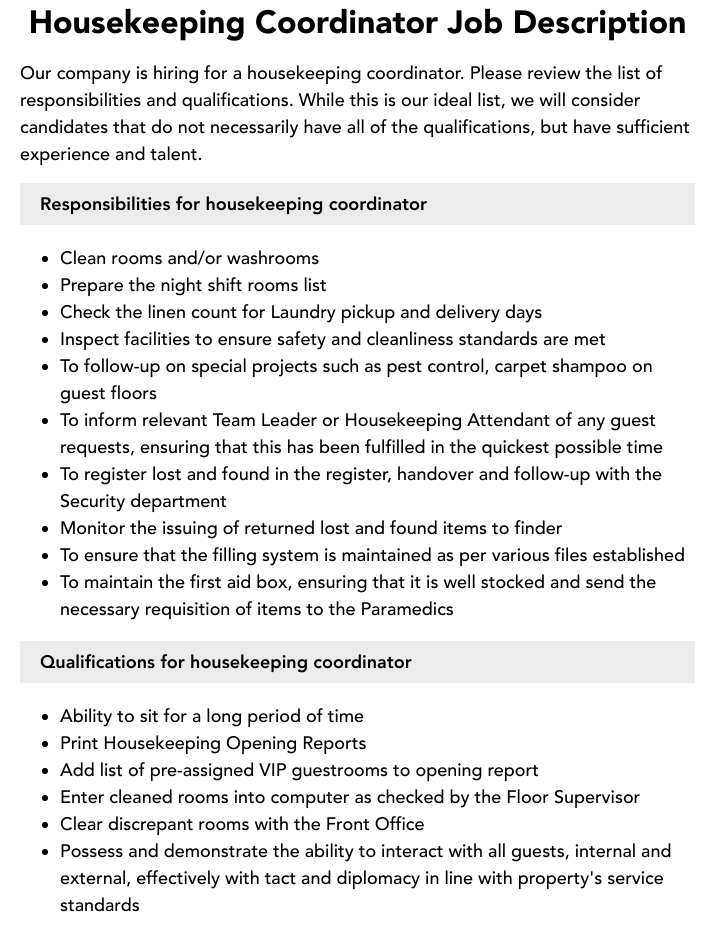 Housekeeping Coordinator Job Description Velvet Jobs