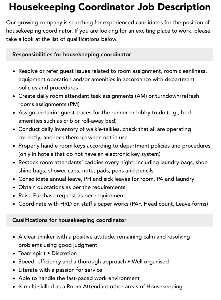 Housekeeping Coordinator Job Description Velvet Jobs