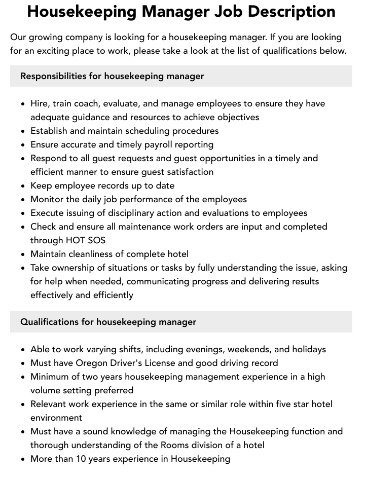 Housekeeping Manager Job Description Velvet Jobs