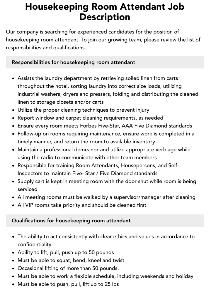 Housekeeping Room Attendant Job Description Velvet Jobs