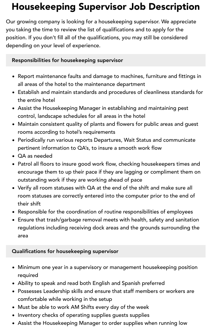 Housekeeping Supervisor Job Description Velvet Jobs