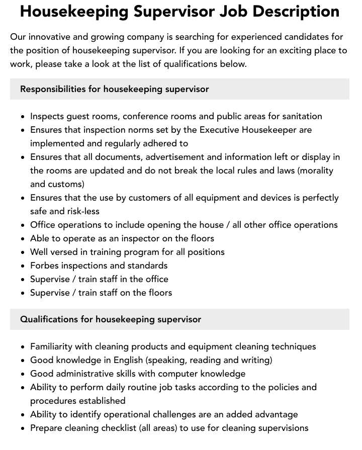 Housekeeping Supervisor Job Description Velvet Jobs