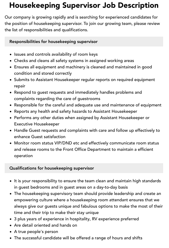 Housekeeping Supervisor Job Description Velvet Jobs