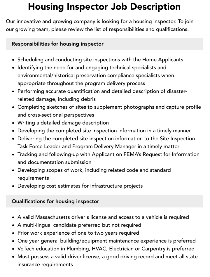 Housing Inspector Job Description Velvet Jobs Housing Inspector Job Description Velvet Jobs