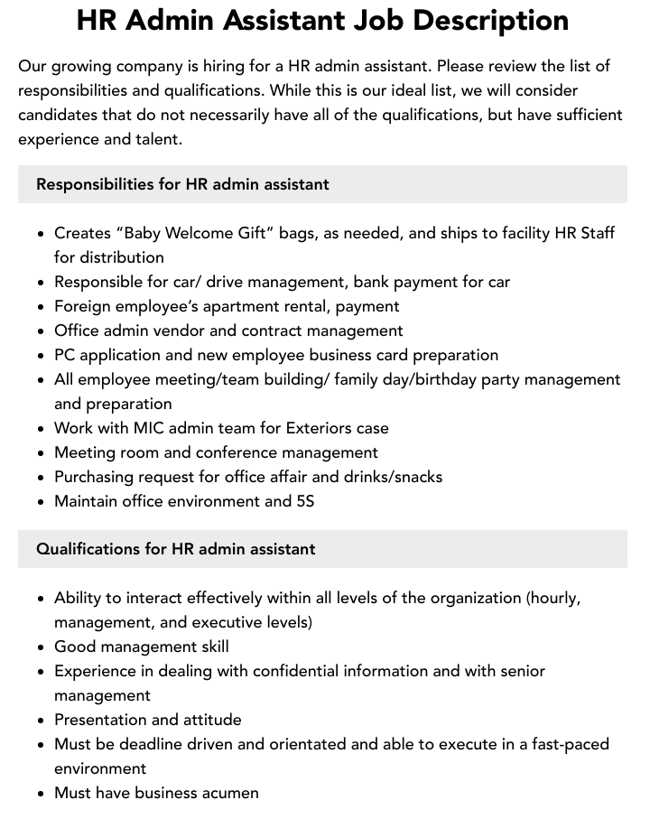 HR Admin Assistant Job Description Velvet Jobs
