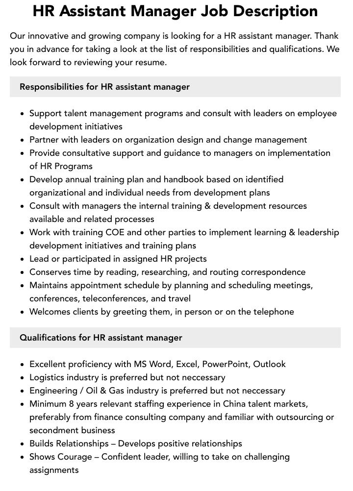 HR Assistant Manager Job Description Velvet Jobs