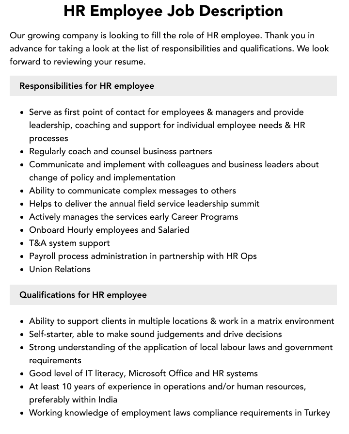HR Employee Job Description Velvet Jobs