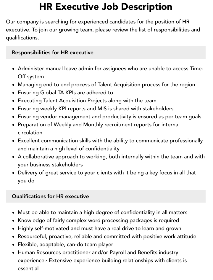 HR Executive Job Description Velvet Jobs