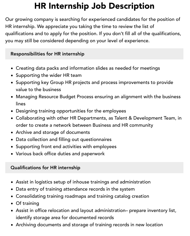 HR Internship Job Description Velvet Jobs