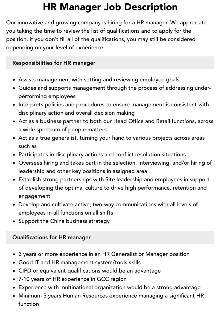 HR Manager Job Description Velvet Jobs