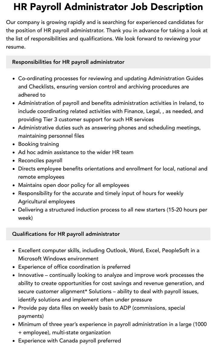 HR Payroll Administrator Job Description Velvet Jobs HR Payroll Administrator Job Description Velvet Jobs