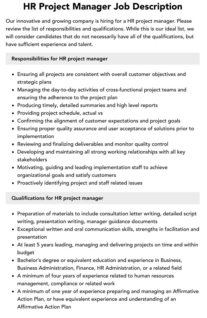 HR Project Manager Job Description Velvet Jobs