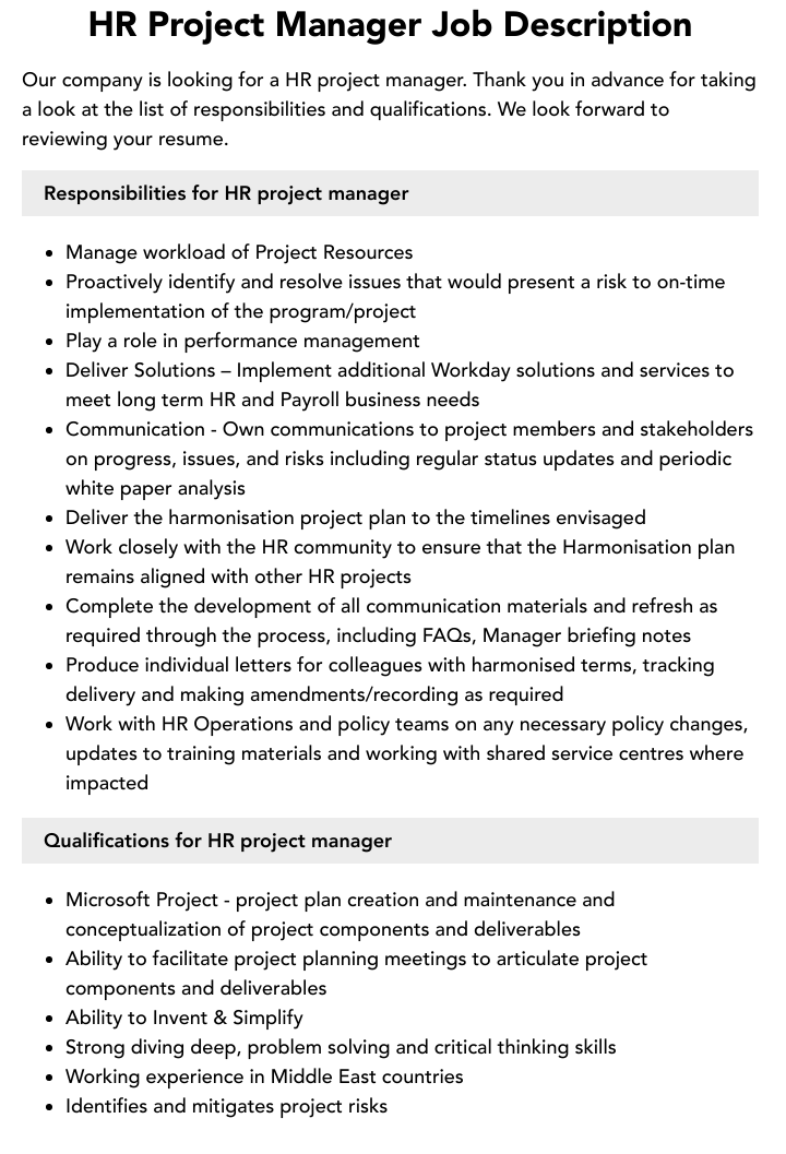 HR Project Manager Job Description Velvet Jobs