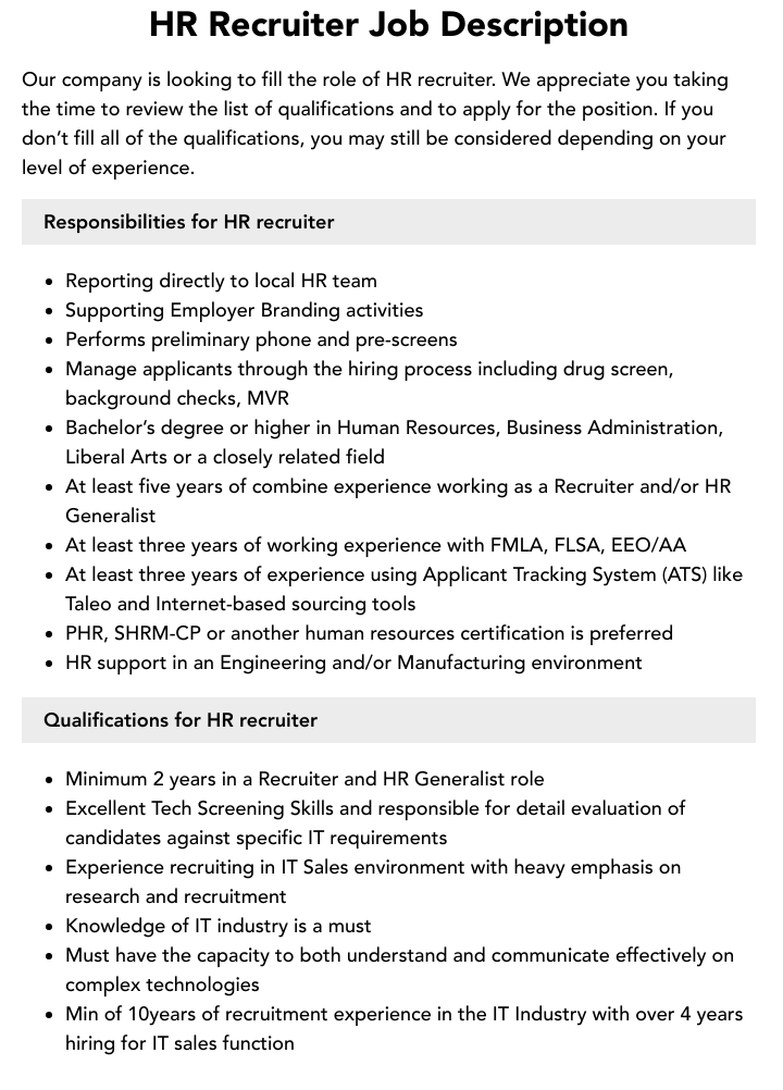 What Are The Roles And Responsibilities Of Hr Recruiter