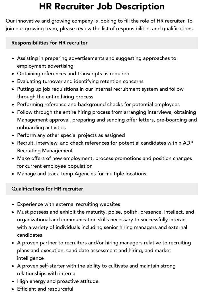 HR Recruiter Job Description Velvet Jobs
