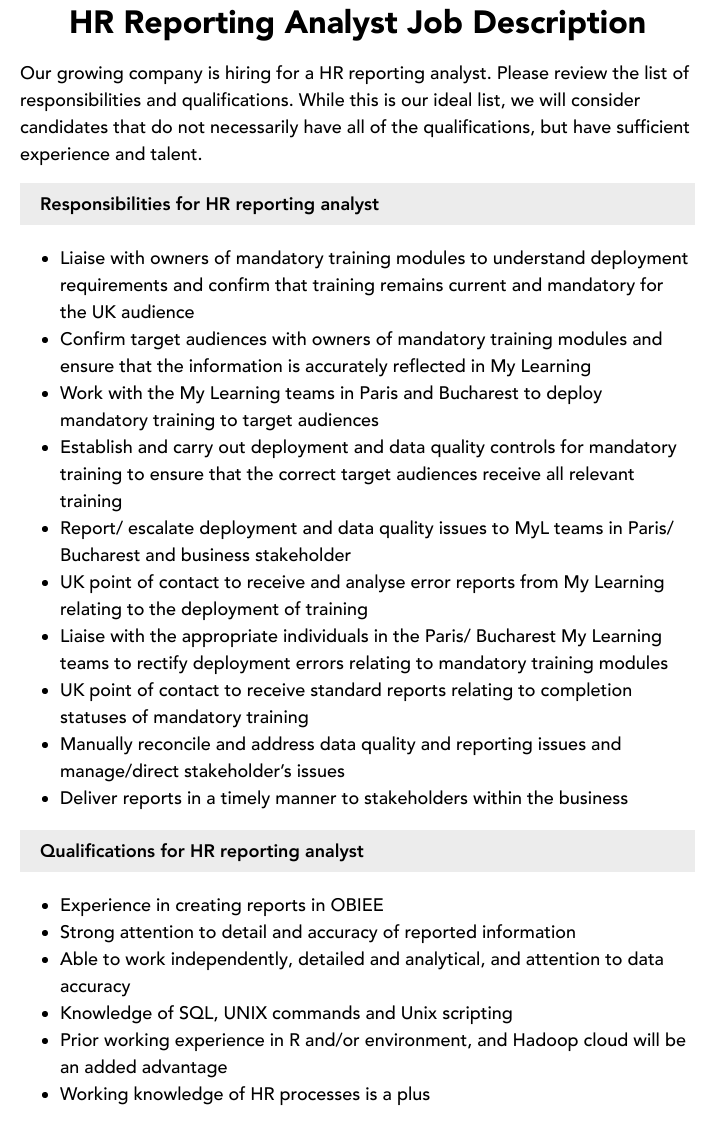 HR Reporting Analyst Job Description Velvet Jobs