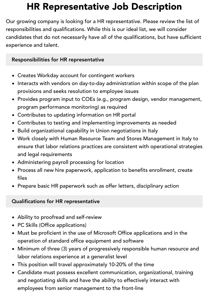 HR Representative Job Description Velvet Jobs