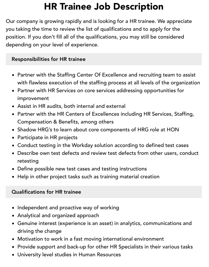 HR Trainee Job Description Velvet Jobs