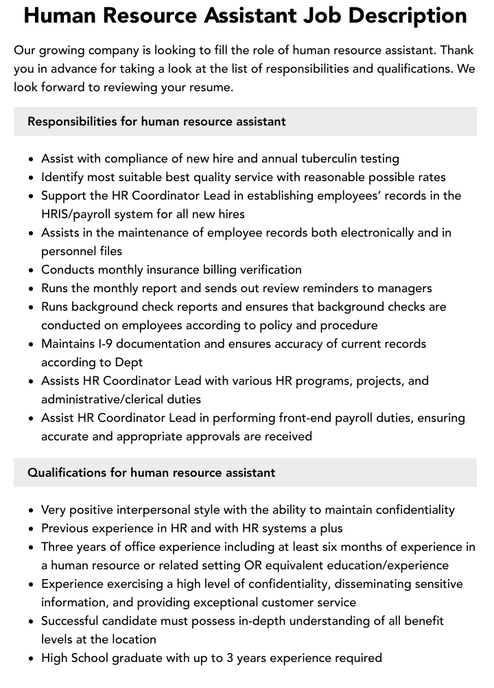 Human Resource Assistant Job Description Velvet Jobs
