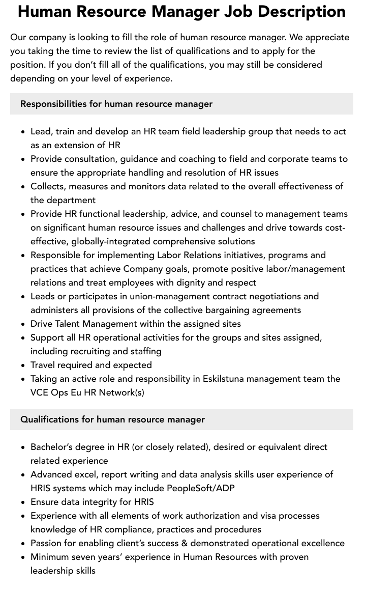 Human Resource Manager Job Description Velvet Jobs
