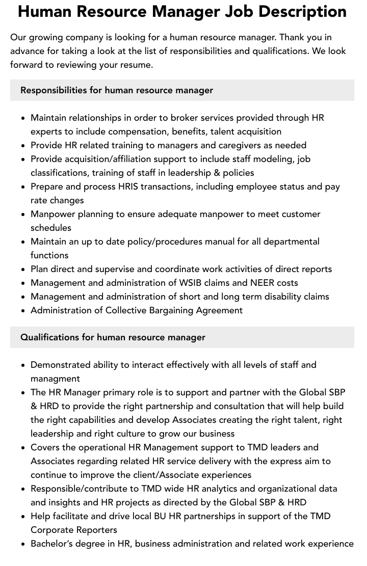 Human Resource Manager Job Description Velvet Jobs